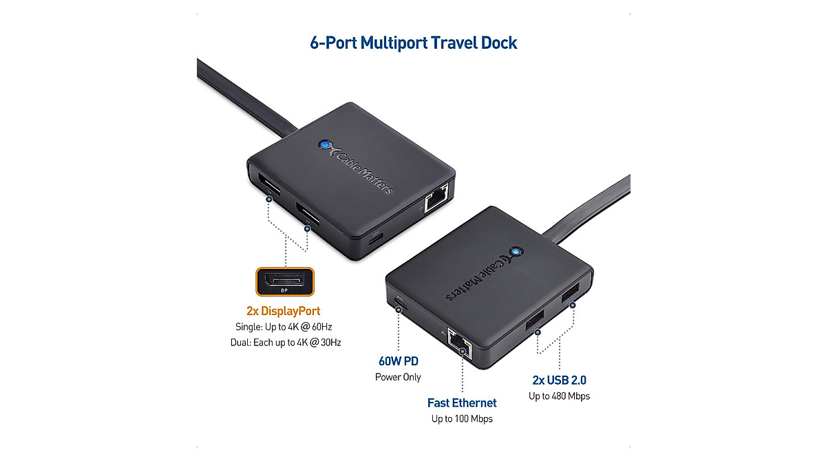 Cable Matters Dual USB C Hub for Dual 4K DisplayPort & 60W Charging