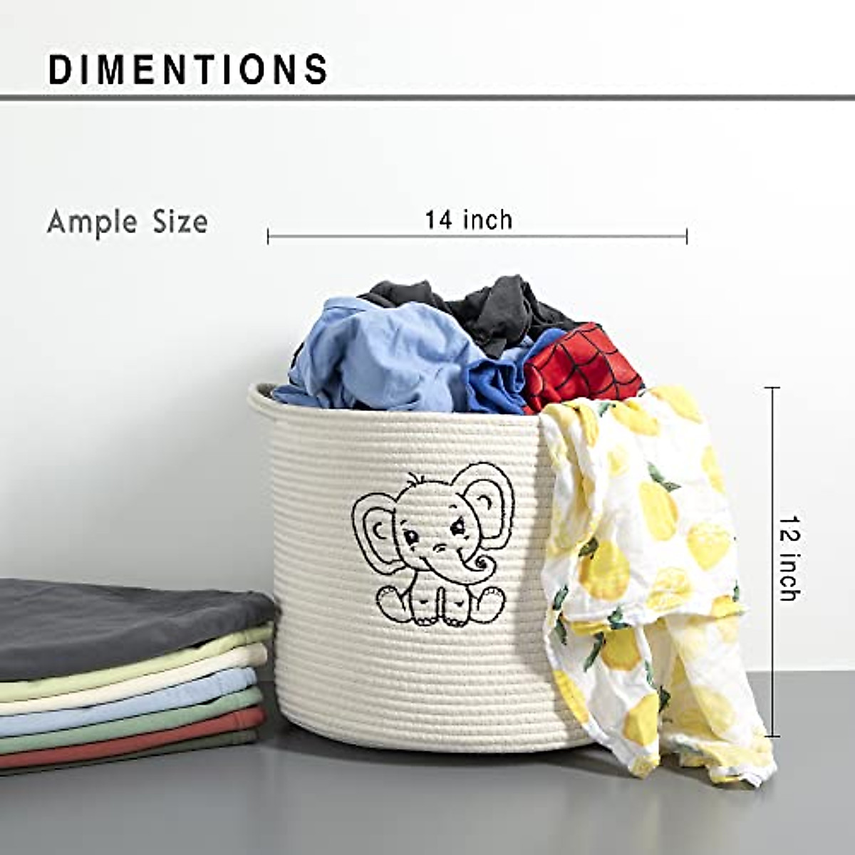 OHTY - Nursery Baby Basket with Cute Elephant, Toy Basket, Nursery Basket, Blanket Basket, 14”x11”x12 (White)