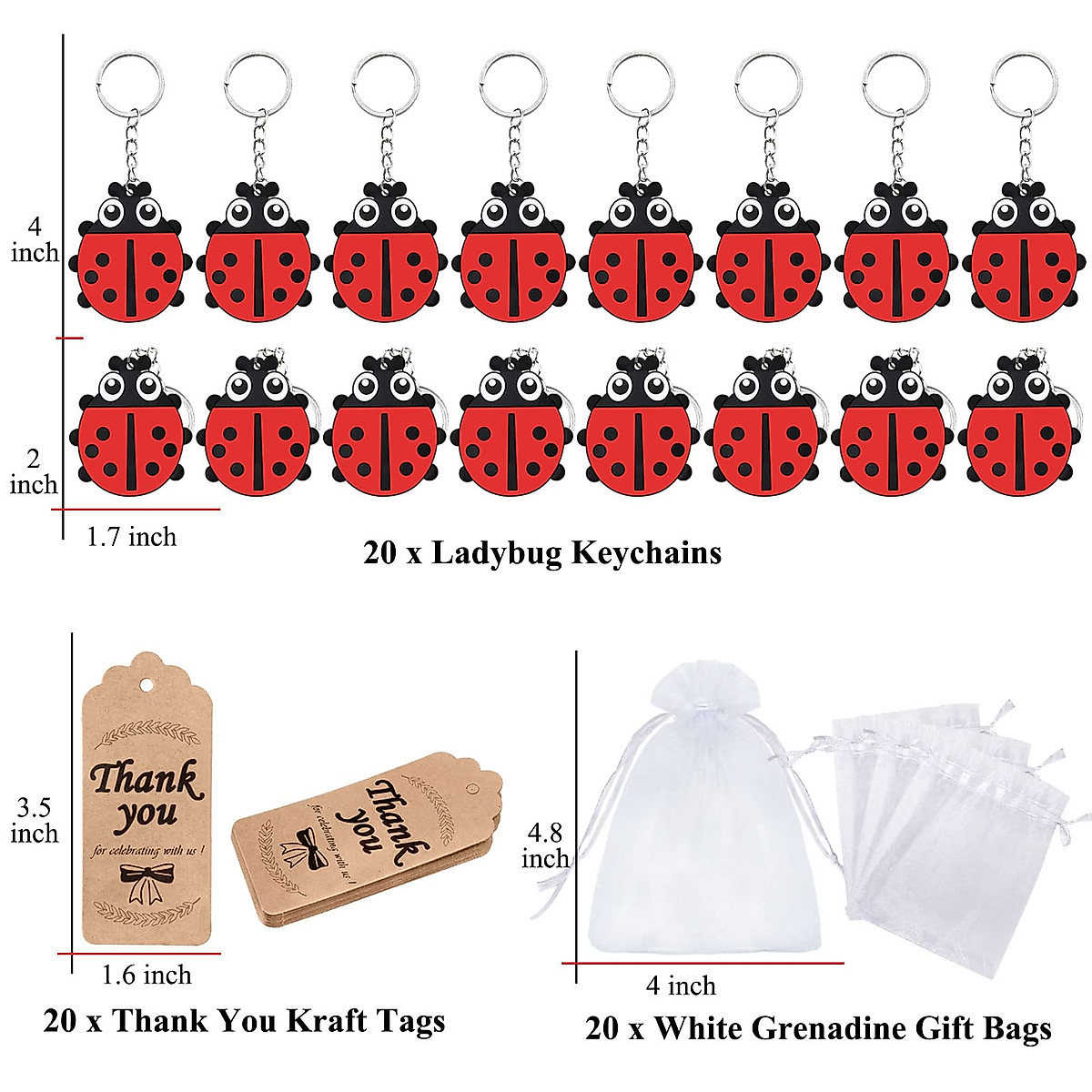 Elecrainbow 60 Pack Ladybug Party Favors Include 20 Keychains,20 Thank You Tags and 20 Goodie Bags for Ladybug Lover, My Little Ladybug Themed Party, Baby Shower, Birthday, Goodie Bag Fillers