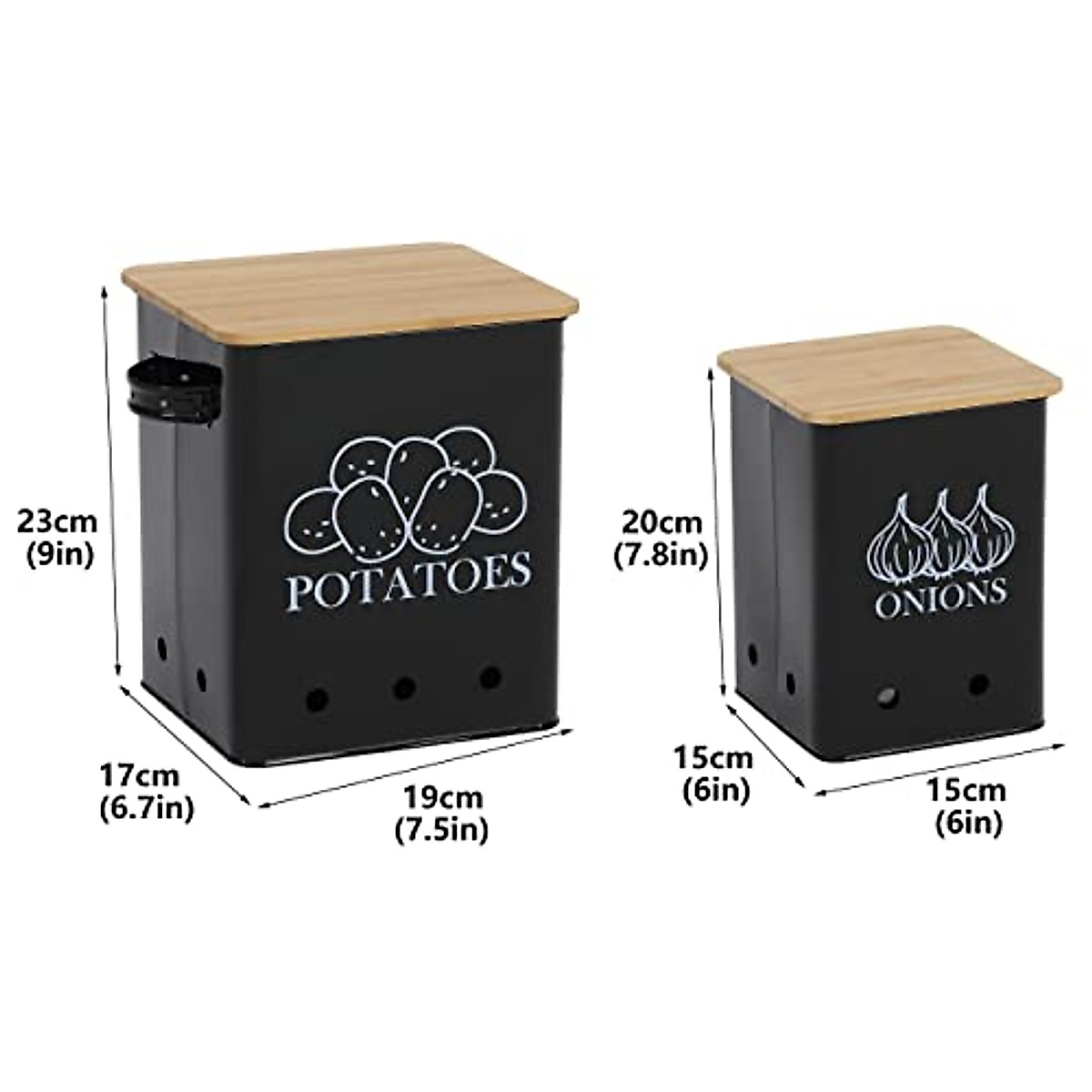 Xbopetda Potato Onion Storage Bin, Kitchen Storage Canister Set of 2, Kitchen Pantry Organizer Tin - Vegetable Fresh Keeper with Aerating Tin Storage Holes & Wooden Lid (Black)