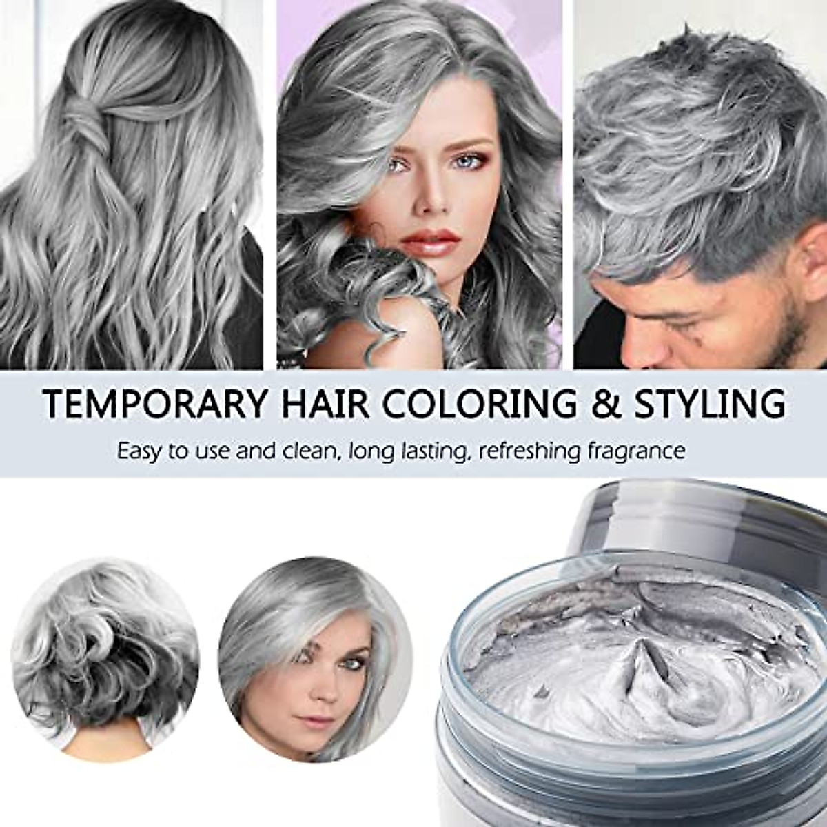CHELIZIHI Hair Color Wax, Instant Silver Grey, Natural Ingredients, Unisex Hairstyle Pomade Cream, Temporary Hair Pomades for Party, Cosplay, Halloween, 4.23 oz