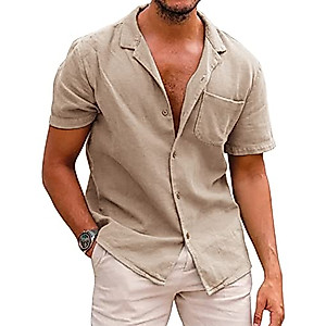 COOFANDY Men Beach Linen Shirts Boho Hippie Shirts Summer Cotton Tops Big and Tall A- Khaki