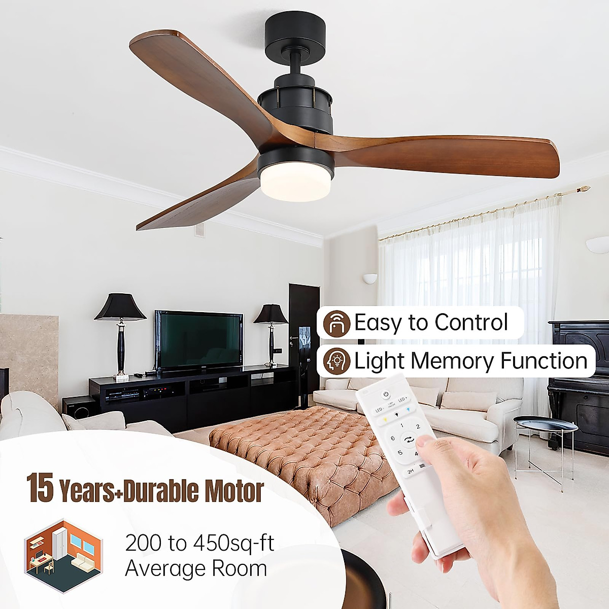 60 inch Wood Ceiling Fan with Light, Outdoor Ceiling Fans for Covered Patios, Walnut Ceiling Fan, Remote Control, Large Ceiling Fan for Porch/Garage/Farmhouse