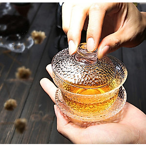 YBK Tech Crystal Gaiwan, Glass Kung Fu Tea Cup with Saucer and Lid, Chinese Traditional, Sancai Tea Bowl (Clear cup)