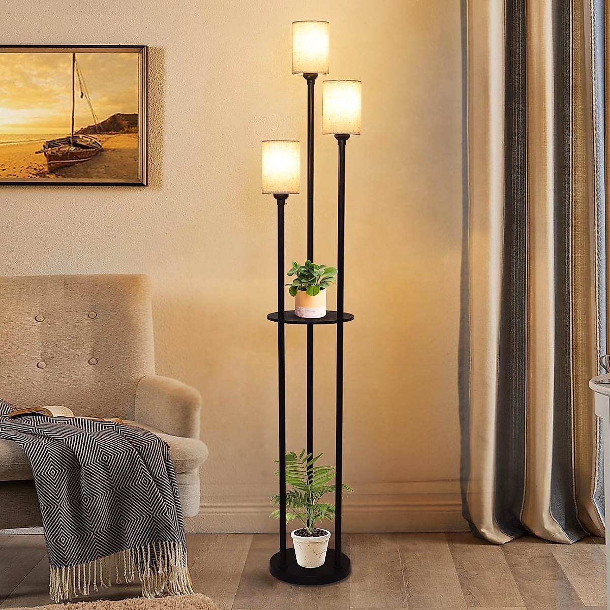 Stepeak Floor Lamp with Shelves, Modern Floor Lamps for Living Room, 3-Lights Standing Lamp with Linen Shade and Foot Switch, Industrial Standing Lamps for Bedroom, Black Tall Table Lamp for Office