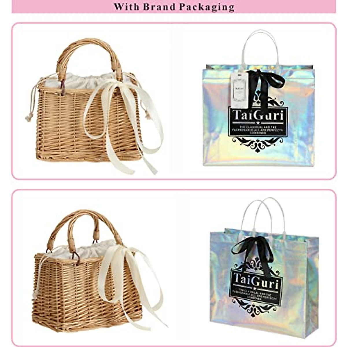 TaiGuri Women's Handmade Rattan Straw Ribbon Bow Woven Purse Handbag Tote Shoulder Bag Beige