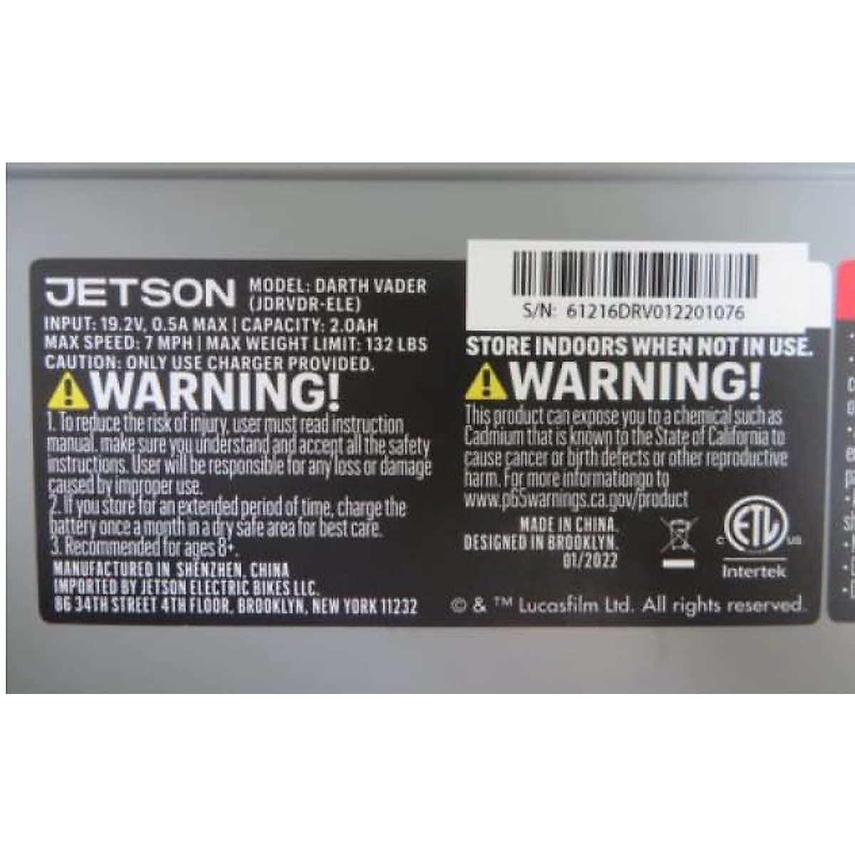 Jetson Disney Darth Vader Kids' Electric Scooter, 7 Miles Per Hour, 4 Miles Max Range, 60-Watt Motor, Light-Up Deck, Height-Adjustable Handlebar, Ages 8+, JDRVDR-ELE