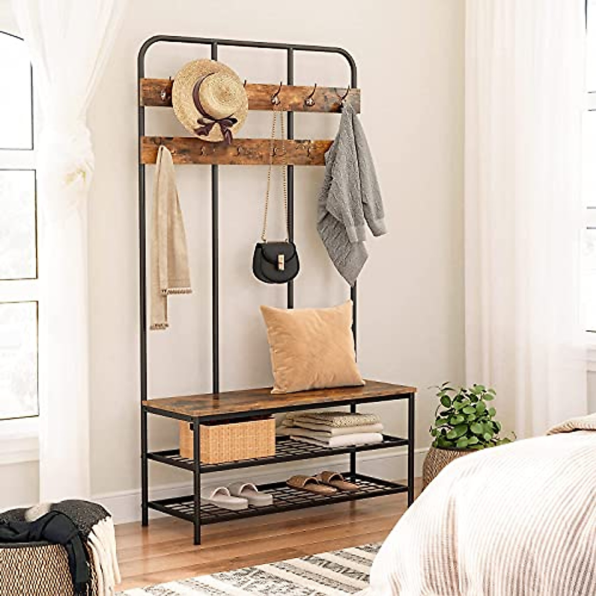 HOOBRO Hall Tree with Bench, Entryway Bench with Coat Rack, Mud Room Bench with 12 Double Hooks and Storage Bench, Coat Tree, Shoe Rack Organizer, for Foyer, Front Door, Rustic Brown BF05MT01
