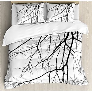 Ambesonne Black and White Duvet Cover Set, Macro Leafless Winter Tree Branches Idyllic Twigs of Oak Nature Print, Decorative 3 Piece Bedding Set with 2 Pillow Shams, King Size, Black and White