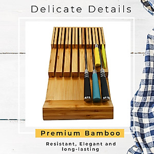 Xabono Knife Drawer Organizer Bamboo Kitchen Organizer Large Knife Block EdgeProtecting Kitchen Drawer Organizer Natural Silverware Organizer Elegant Bamboo Knife Drawer Organizer (15 Knife Organizer)