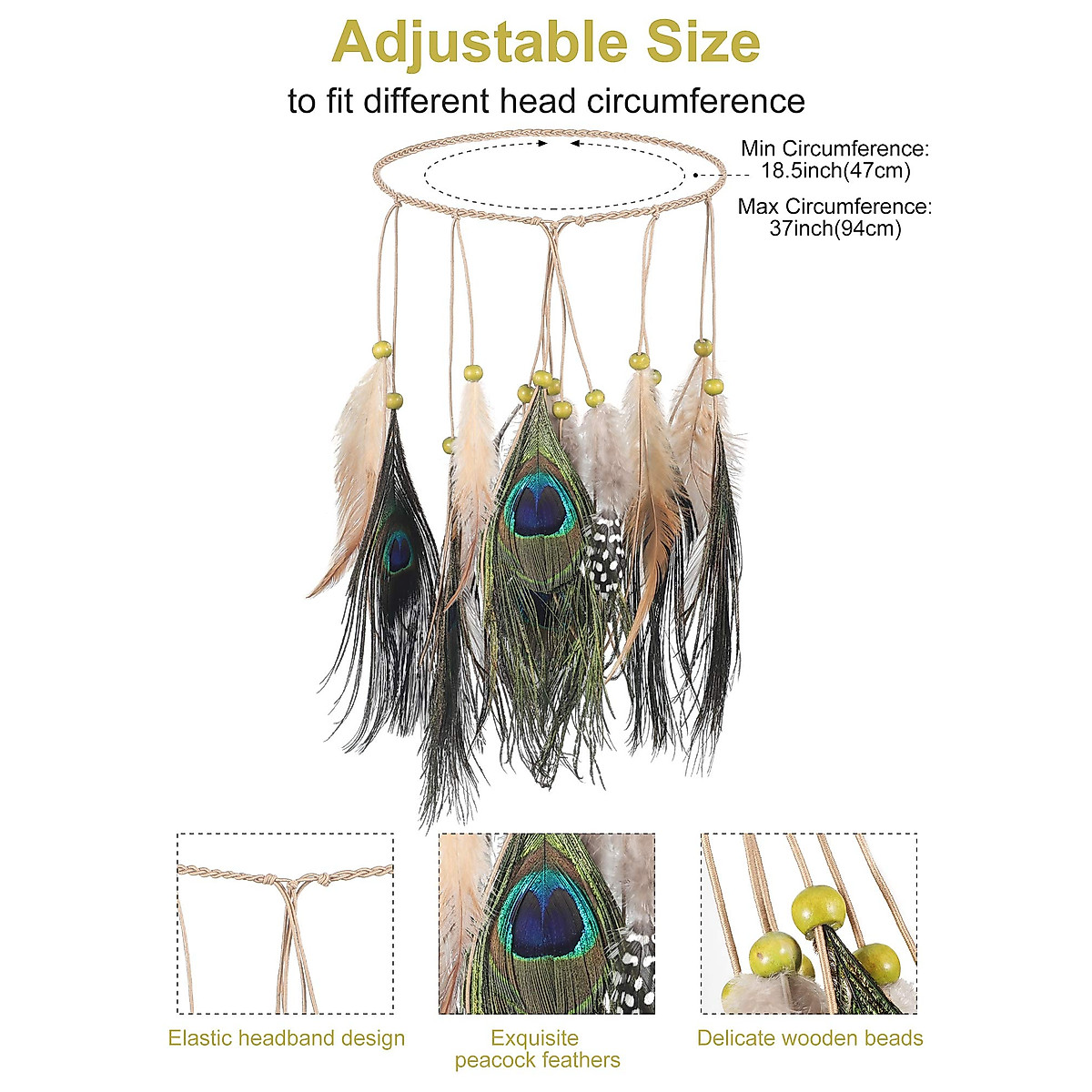 Hicarer 5 Pieces Indian Native American Jewelry Set Includes Feather Headdress Faux Peacock Feather Hair Band Boho Dream Catcher Dangle Earrings Choker Necklace Bracelet for Women Catcher Tassel