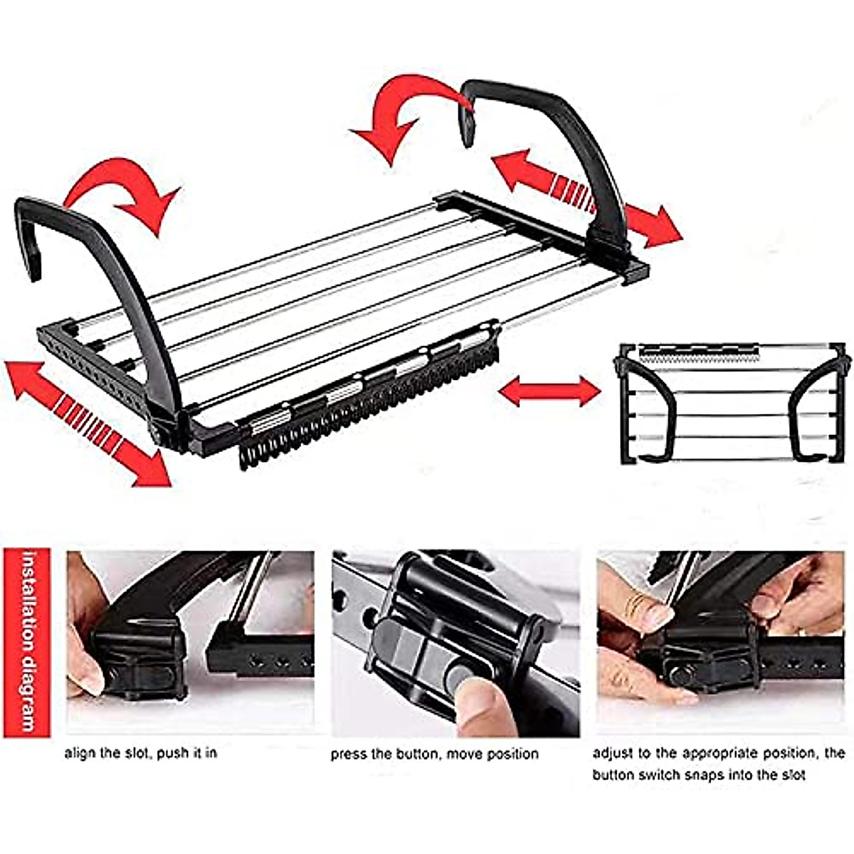 ZyHMW Clothes Airer Balcony Drying Rack Stainless Steel Folding Hanging Window Shoes Rack Adjustable Portable Outdoor Airer Clothes Towel Storage，Folding Airer (Color : S Square Tube Gray)