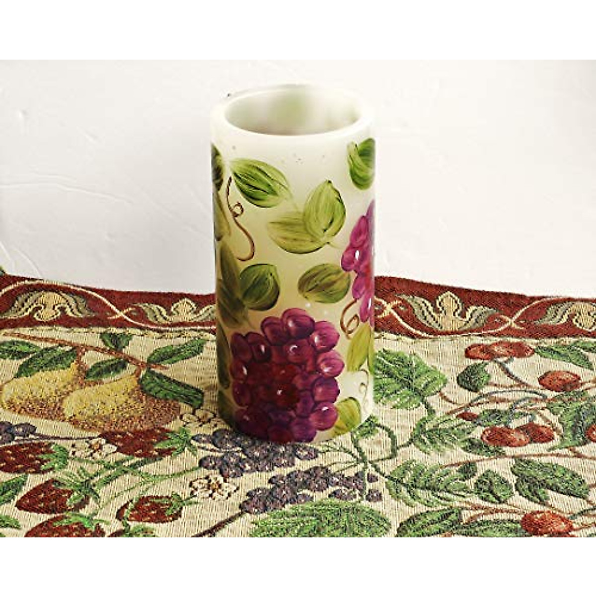 Battery Operated Decorative Hand Painted Grapes Safe Flickering Flame Flameless Pillar Candle with Timer Fall Grapevine Decor