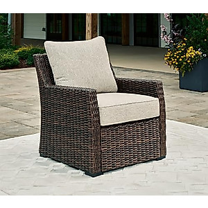 Signature Design by Ashley Brook Ranch Casual Weather Resistant Outdoor Lounge Chair with Cushion, Dark Brown & Beige