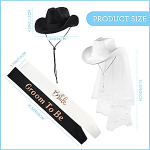 SATINIOR 2 Pieces Bride Cowgirl Hat with Veil, Groom and Bride Hats, 2 Pieces Bride and Groom to Be Sash Bachelorette Party Supplies for Women Men Wedding Bridal Shower Decoration
