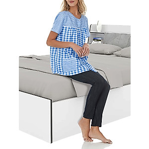 Ezi Women's Snap Front Short Sleeve Gingham Shift Seersucker Housecoat Apron Shirt Blue