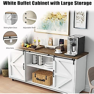 Farmhouse Coffee Bar Cabinet, 58” Kitchen Sideboard Buffet Cabinet with Storage, White Coffee Bar Table with Sliding Barn Door for Dinning Living Room