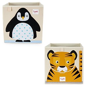 3 Sprouts 13 Inch Square Kids Foldable Fabric Arctic Penguin and Orange Tiger Storage Cube Soft Toy Bins