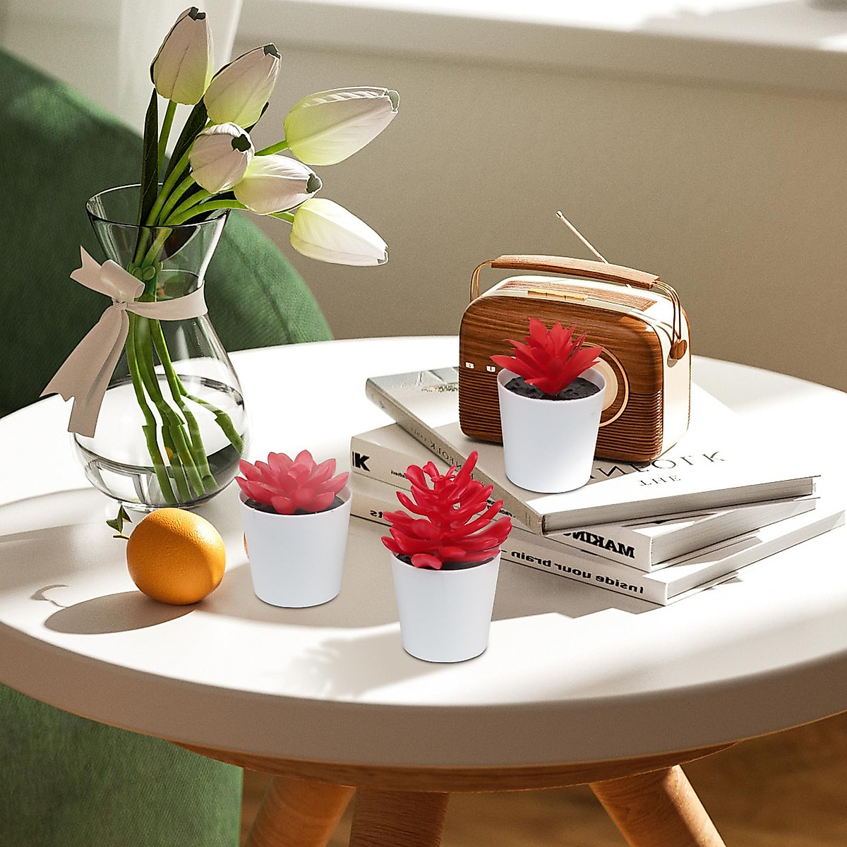 Uguisu Artificial Potted Plant, Simulated Gem Flower, Lotus Flower, Artificial Succulent Plant, Small Artificial Plant, Artificial Fake Plant, Office Home Wall Decoration (4/Red)