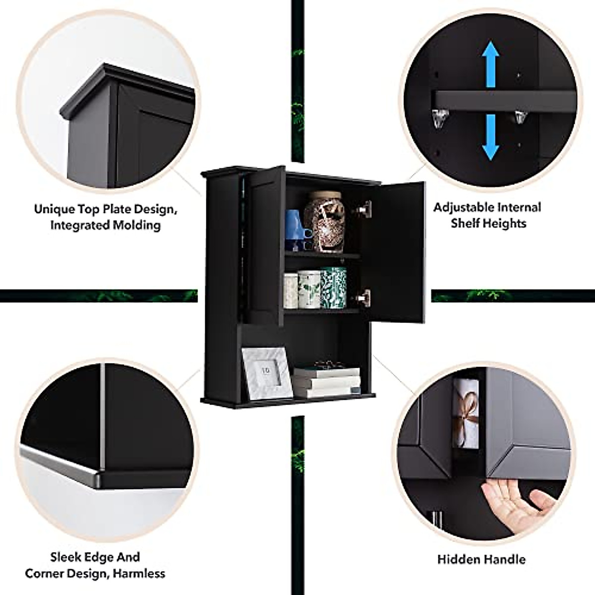 OONNEE Bathroom Wall Cabinet Black Wall Mounted Wood Medicine Cabinet, Over Toilet Storage Bathroom Cabinet with 2 Doors & Adjustable Shelf, Soft Hinge Wall Hanging Cabinet for Bathroom Laundry Room
