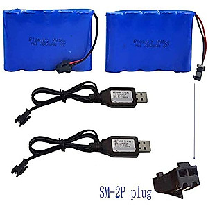 Blomiky 2 Pack 6.0V 700mAh Ni-CD AA Rechargeable Battery Pack SM2P Plug and 2 USB Charger Cable Fit for Old Version 11.5Inch Amphibious Stunt RC Cars Vehicles / 6V 700mAH and USB 2