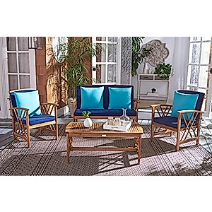 SAFAVIEH Outdoor Collection Fontana Natural/ Navy Cushions/ Blue Pillows 4-Piece Conversation Patio Set