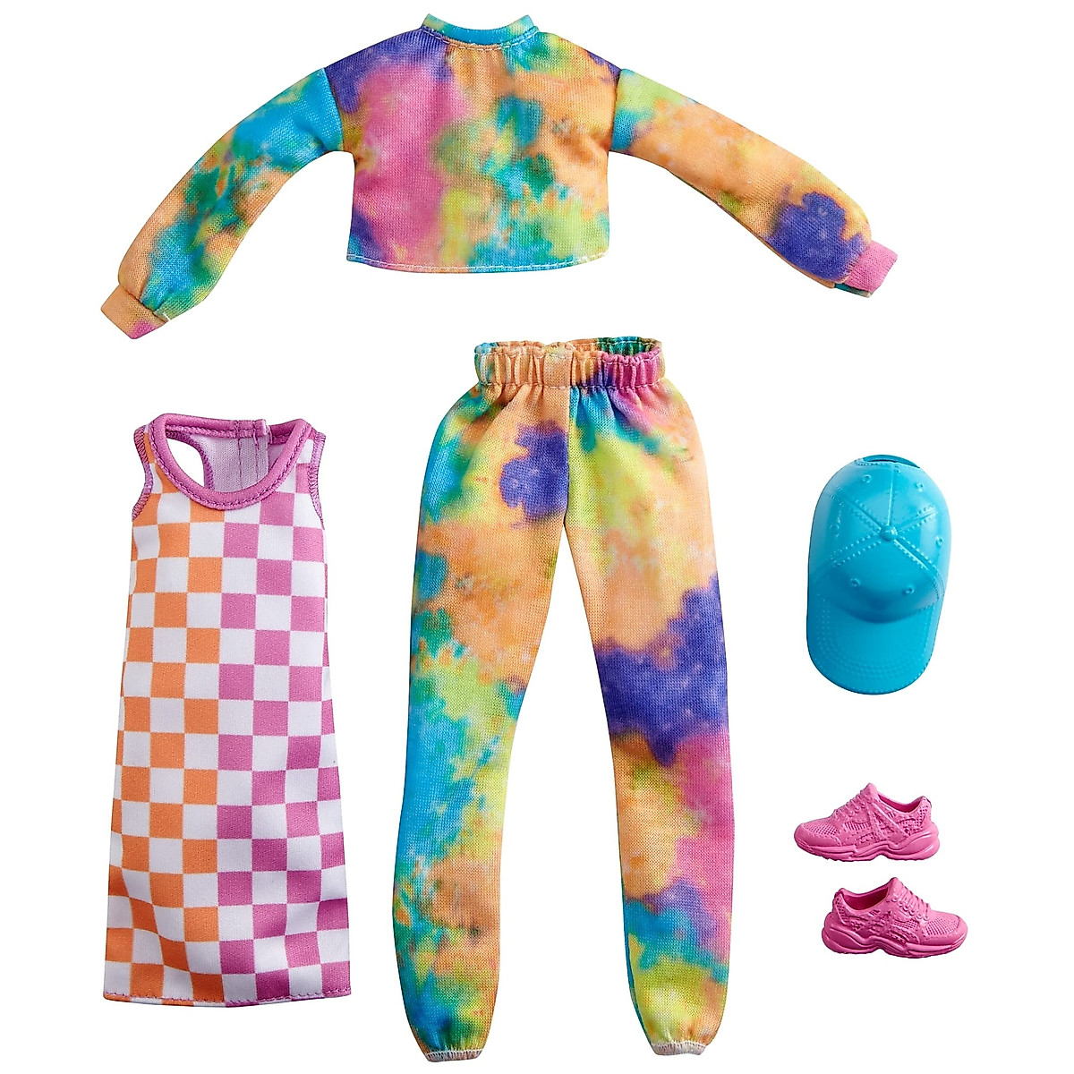 Barbie Fashions 2-Pack Clothing Set, 2 Outfits Doll Include Tie-Dye Joggers & Sweatshirt, Checked Dress, Blue Cap & Pink Sneakers, Gift for Kids 3 to 8 Years Old