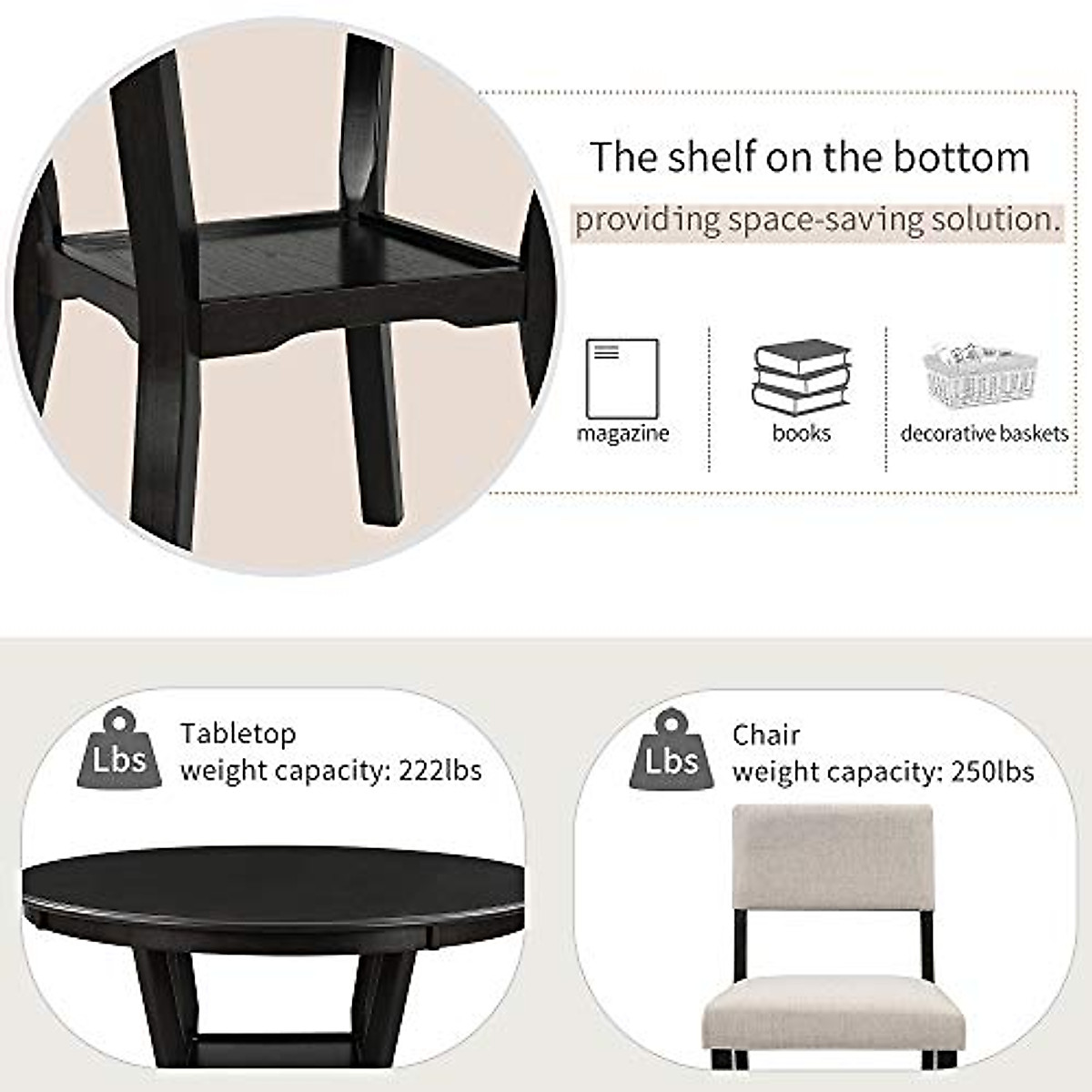 P PURLOVE 5 Pieces Dining Table Set Round Kitchen Table with 4 Upholstered Chairs for Dining Room, Espresso