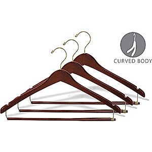 Wooden Curved Suit Hanger w/Locking Bar, Walnut Finish with Brass Hardware, Box of 25 by The Great American Hanger Company