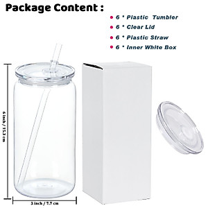 16 Oz Acrylic Plastic Can Tumbler, 6 Pack Plastic Clear Cup Beer Can, Plastic Mason Jar with Clear Lid