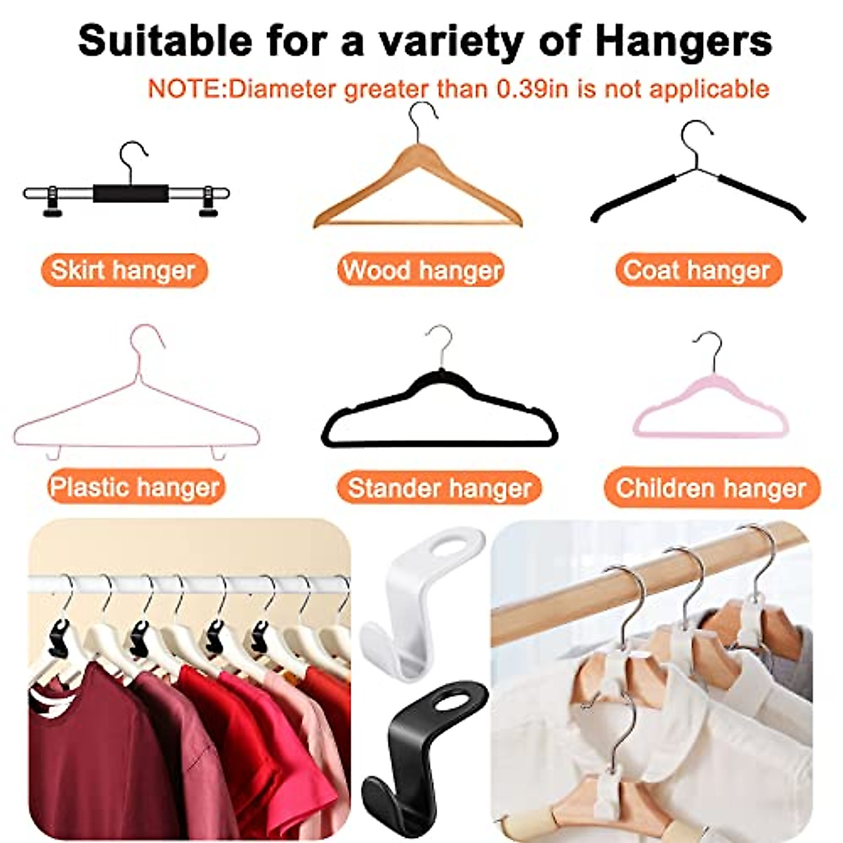 Clothes Hanger Connector Hooks, Hanger Extender Clips, 68 Pcs Cascading Clothes Hangers Space Saving, Black White Plastic Hanger Organizer
