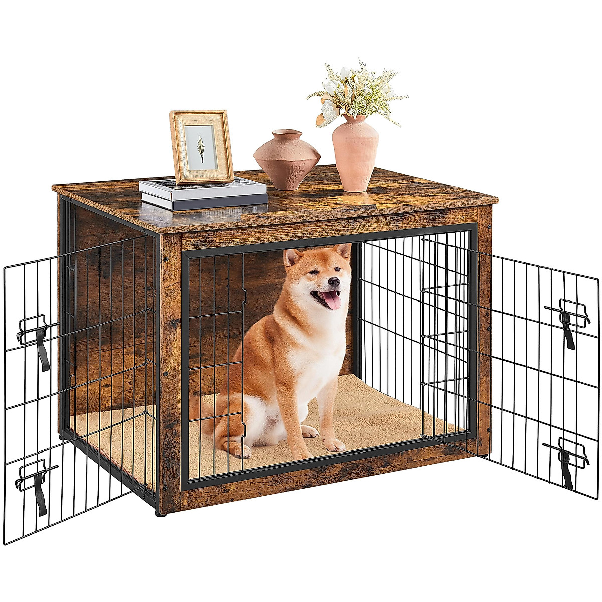 Yaheetech 40'' Dog Crate Furniture with Cushion Set of 2, Wooden Dog Crate with Double Doors/Adjustable Feet Side End Table for Medium-Sized Dogs