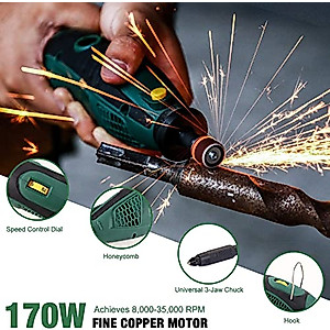 TECCPO Rotary Tool Kit 1.5 amp, 6 Variable Speed with Flex shaft, Universal Keyless Chuck, 84 Accessories, Cutting Guide, Auxiliary Handle and Carrying Case, Multi-functional for Crafting Projects
