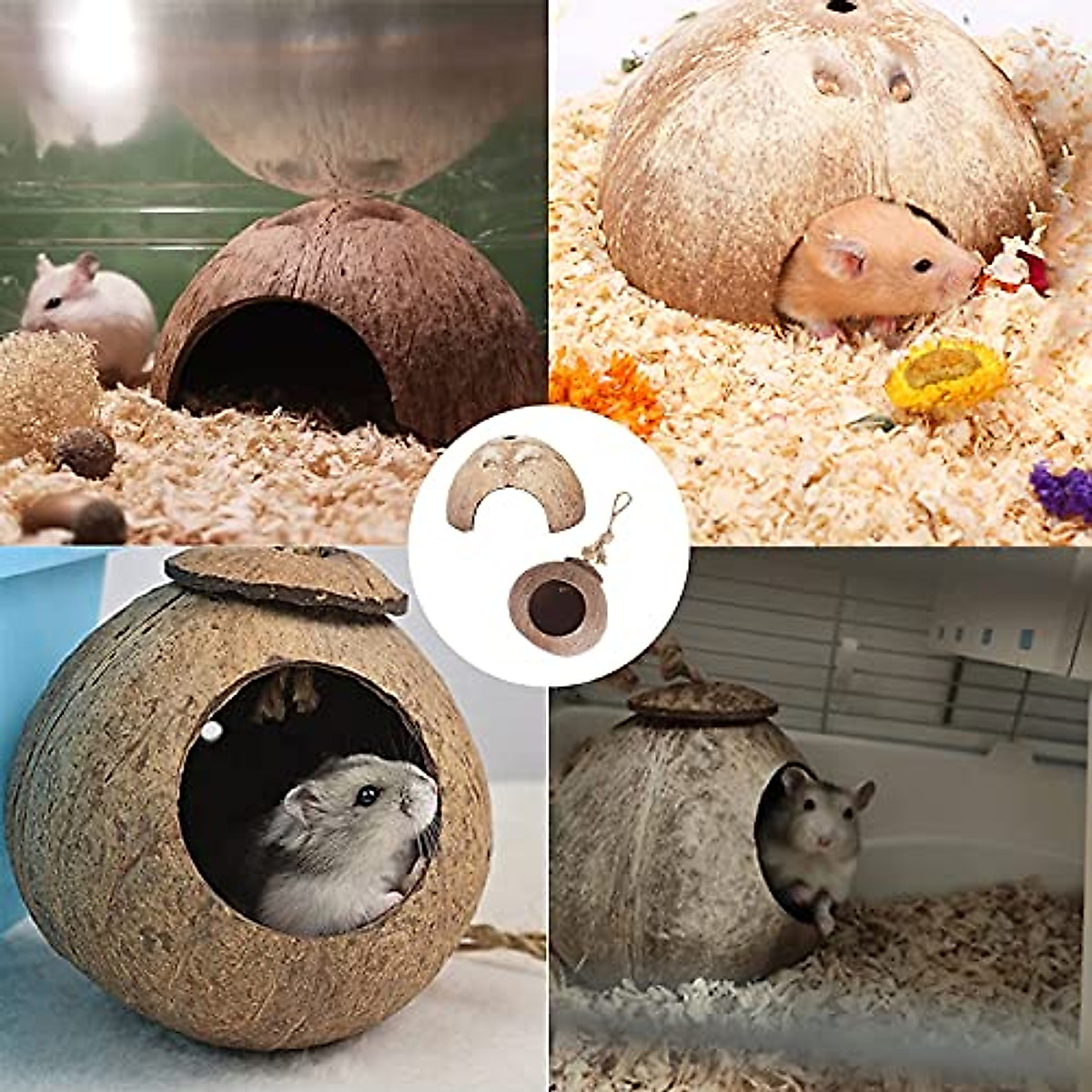 PINVNBY Coconut Hut Hamster Hiding House Hanging Coconut Shells Pet Cave Hideout Small Animal Cage Habitat Decor for Gerbils Rats Mice Dwarf Syrian Hamster Playing & Resting (6 PCS) 