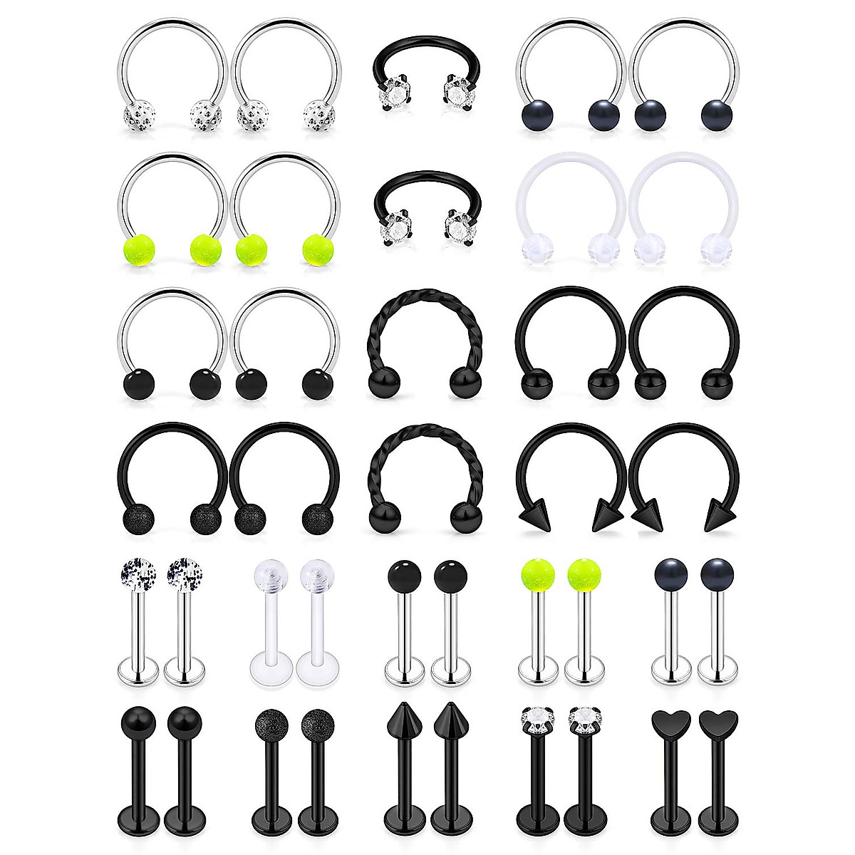 Prjndjw 16g Lip Rings Stainless Steel Horseshoe Labret Monroe Lip Rings Nail Tragus Helix Earrings Studs Ring Medusa Piercing Jewelry 8mm 40 Pcs Glow in the Dark Black