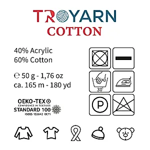 Troyarn Cotton 60% Cotton 40% Acrylic Yarn, Soft, Fine/Sport (2) for Crochet and Knitting 1.76 Oz (50g) / 180 Yds (165m) (10310 - Ecru)