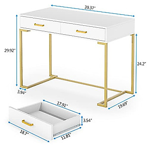 Tribesigns Computer Desk with 2 Drawers, 39.4” Modern Simple White and Gold Writing Desk Desk with Storage Drawers, Makeup Vanity Console Table Study Desk for Home Office