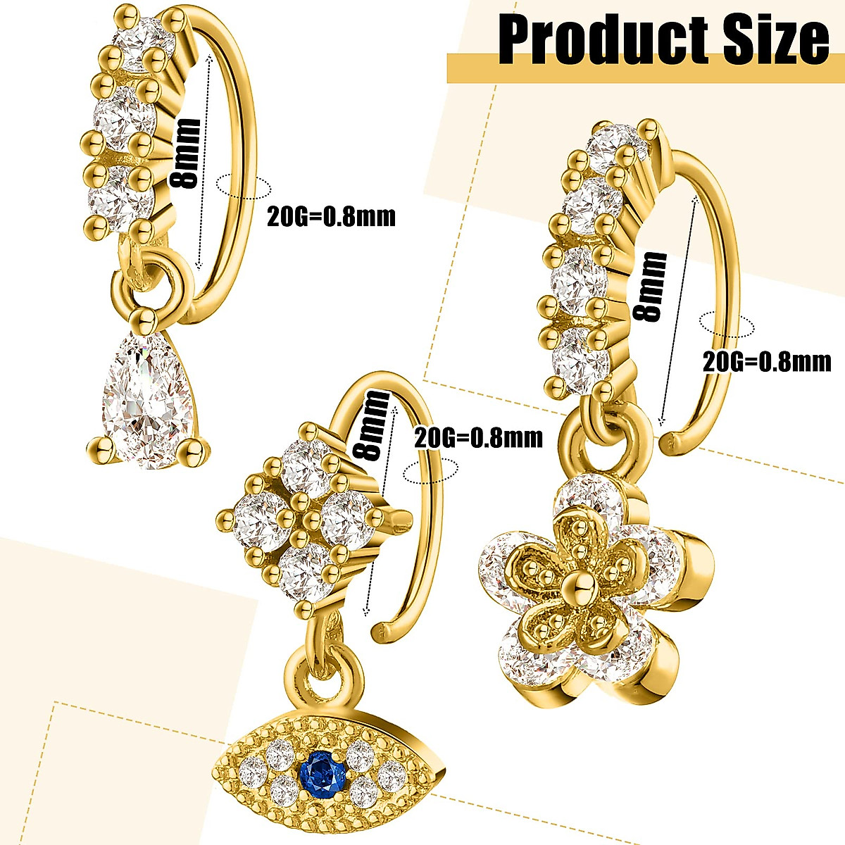 Bonuci 15 Pcs Dangle Nose Rings Hoops Heart Dangle Nose Rings Cartilage Earring Dangling Nose Piercing Jewelry for Women (Gold)