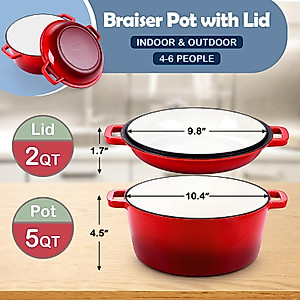 HaSteeL 2 in 1 Enameled Cast Iron Dutch Oven, 5 QT Pot & 2 Quart Skillet Lid Pan, Non-Stick Cookware Multi Cooker for Bread Baking Cooking Stewing, Suit for All Cooktops, Dual Handles & Oven Safe, Red