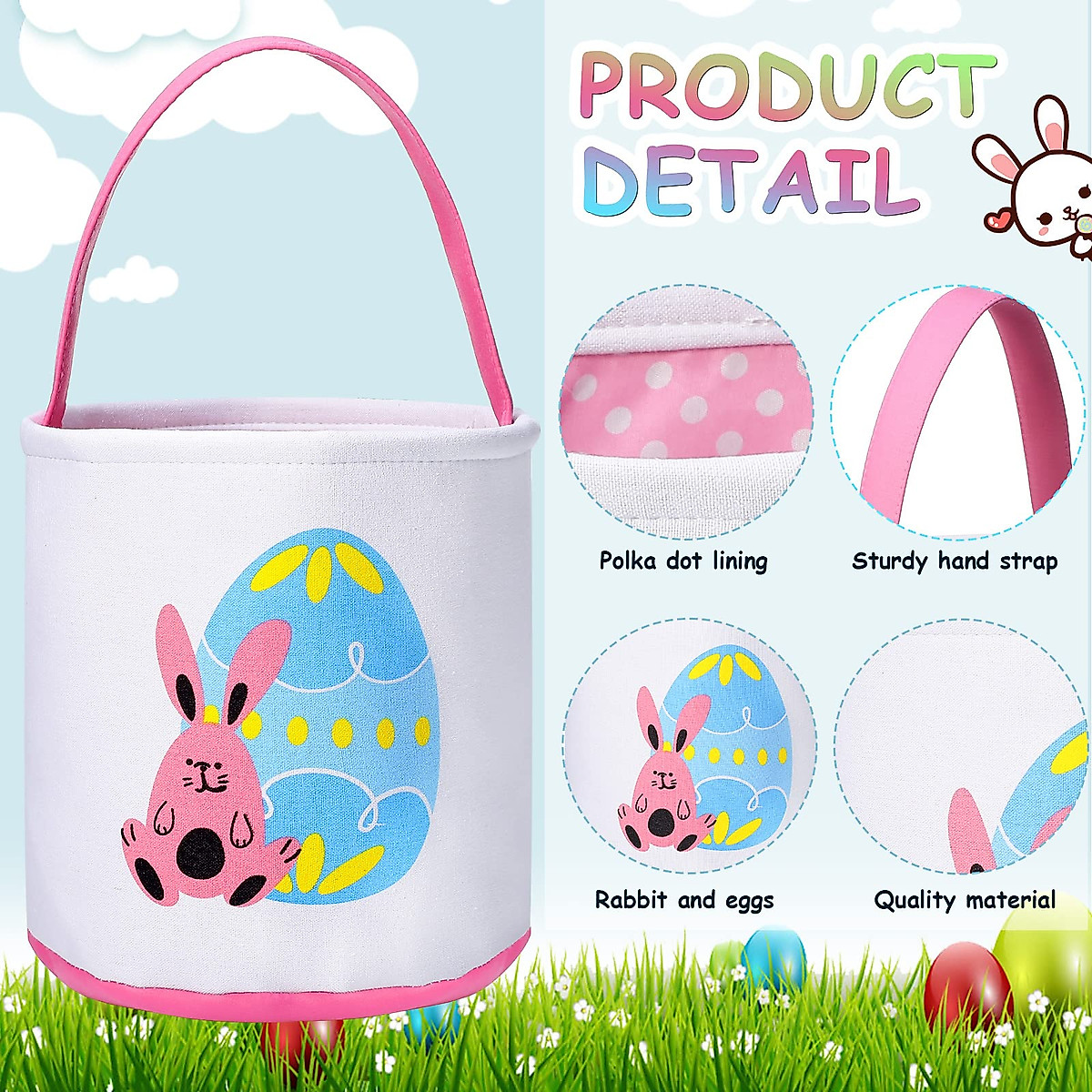 Honeydak 4 Pcs Easter Bunny Basket Bags for Kids Canvas Bunny Totes Bag Bucket for Easter Eggs Toys Rabbit Easter Hunt Basket with Handle Easter Party Decoration Personalized Eggs Candy Present Carry