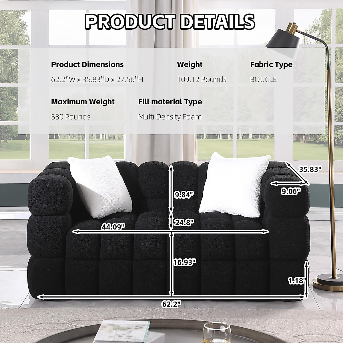 Modern Bubble Sofa Couch, Cloud Couch with 2 Pillows, Bouclé Fabric Comfy Loveseat Sofa, Decor Furniture for Small Spaces Living Room Bedroom Office Apartment,Black