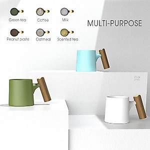 DHPO Artisan Series Matte Ceramic Coffee Mug Tea Cup T Shape with Large Beautiful Wooden Handle and Lid for Office and Home, 15oz, Green