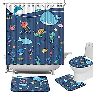 AtGoWac 4 Piece Blue Ocean Fish Shower Curtain Sets with Rugs, Lovely Cartoon Undersea World Shower Curtains, Kids Children Bathroom Decor Set