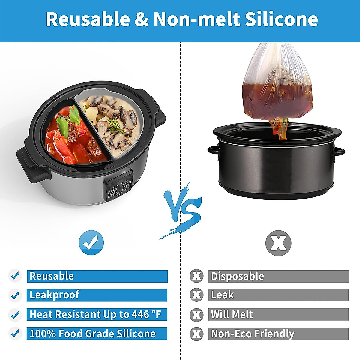 Slow Cooker Divider Liners Silicone fit Oval CrockPot 6-8 Quart,Food-Grade Material,BPA Free,Reusable,Leakproof,Dishwasher Safe,Cooking Liner for Hamilton Beach,Elite Gourmet,Bella Divider Insert