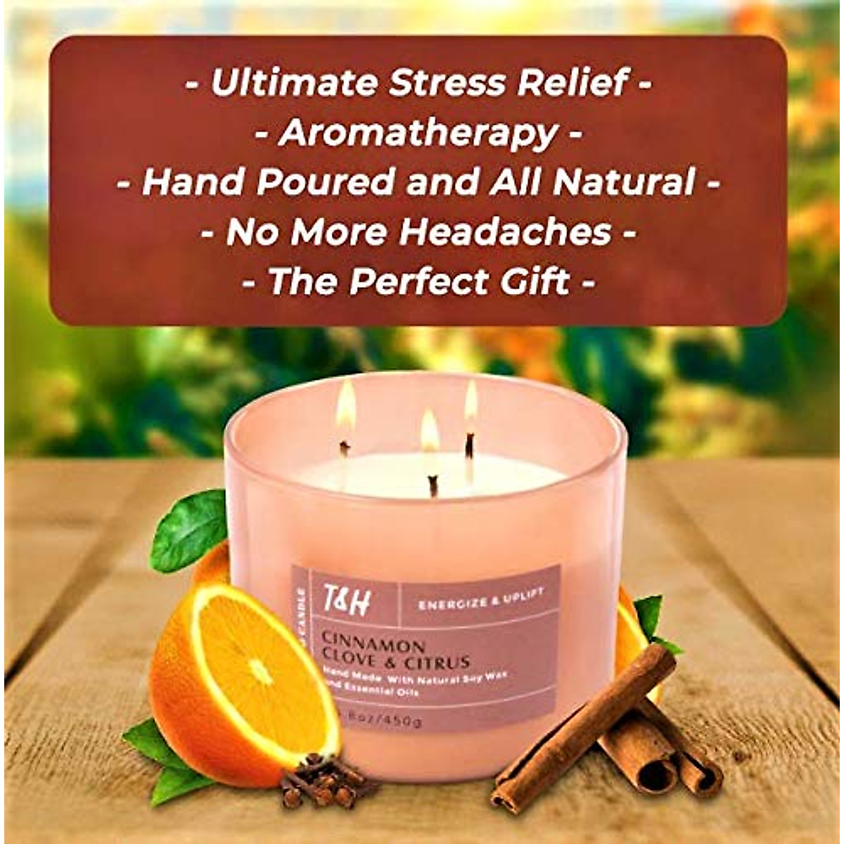 Cinnamon Clove Citrus Scented Candle with Vanilla, Ginger & Cedarwood | Highly Scented 3 Wick Soy Candles for Home 15.8 oz | Large Relaxing Aromatherapy Candle for Men & Women, Natural Cinnamon Candle