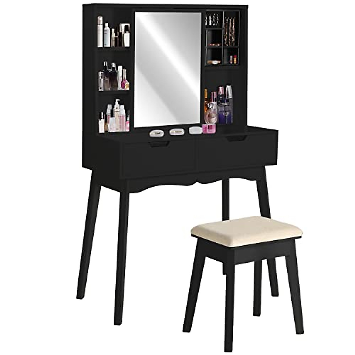 LYNSLIM Vanity Desk, Makeup Vanity with Mirror & LED Lights，Makeup Vanity Table with 2 Drawers & 4 Storage，Small Vanity Set Storage Stool for Dressing Bedroom (Black, Big)