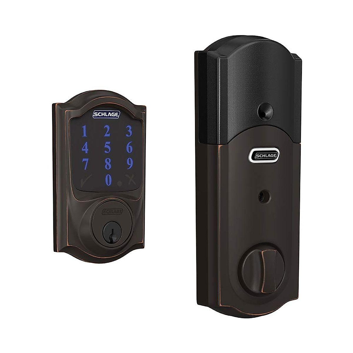 SCHLAGE BE469ZP CAM 716 SCHLAGE Connect Smart Deadbolt With Alarm Inbuilt Camelot Trim In Aged Bronze