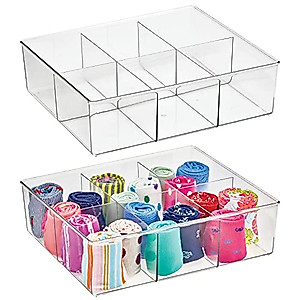 mDesign Plastic 6 Compartment Dresser Drawer Divided Organizer Bin for Scarves, Socks, Bras, Hair Ties, Belts, Underwear - Closet Shelf Storage Organization, Lumiere Collection, 2 Pack, Clear