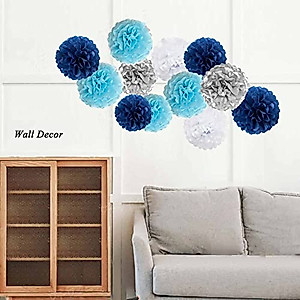 ANSOMO Blue and Silver Tissue Paper Pom Poms Party Decorations Navy Light Blue White Flowers Wall Hanging Décor Supplies Birthday Bridal Baby Shower Wedding Graduations12 Pcs