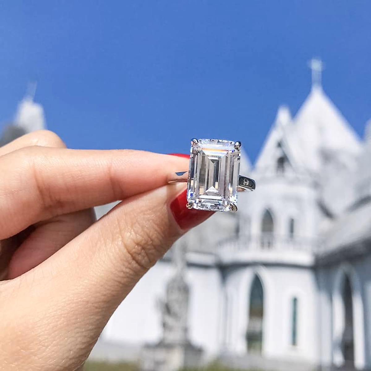 AINUOSHI 6 Carat Emerald Cut Platinum Plated Cubic Zirconia CZ Solitaire Engagement Wedding Ring 925 Sterling Silver